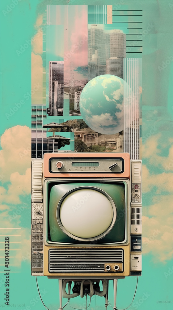 Nostalgic 1960s old tv paper cutout set against a surreal cityscape ...