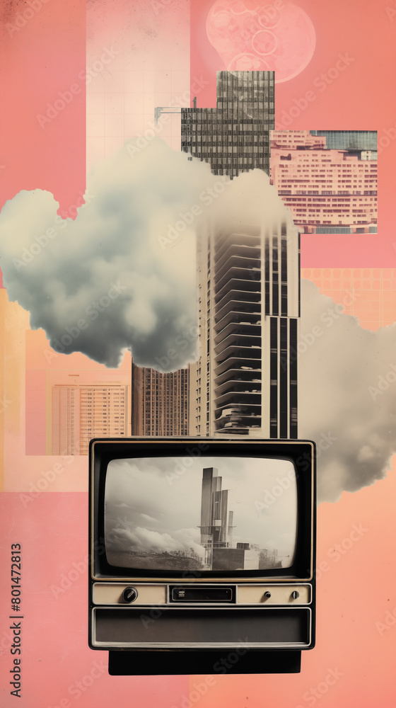 Digital art collage featuring a 1960s old tv set with a black and white ...