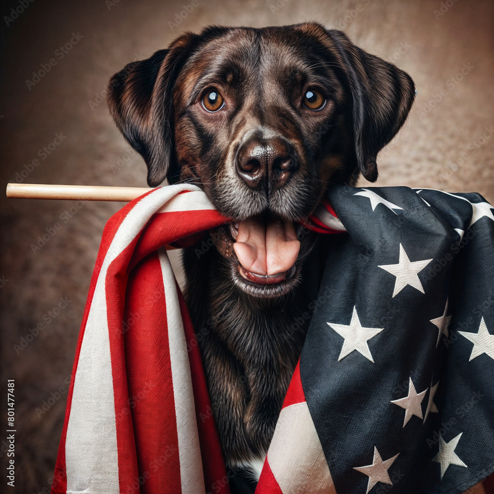 A dog carrying an USA flag in its mouth, USA flag, patriotism concept ...
