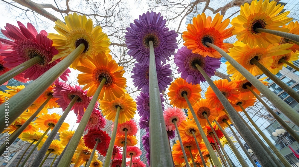 Colorful flowers dangle from a building's ceiling, framing a tall ...
