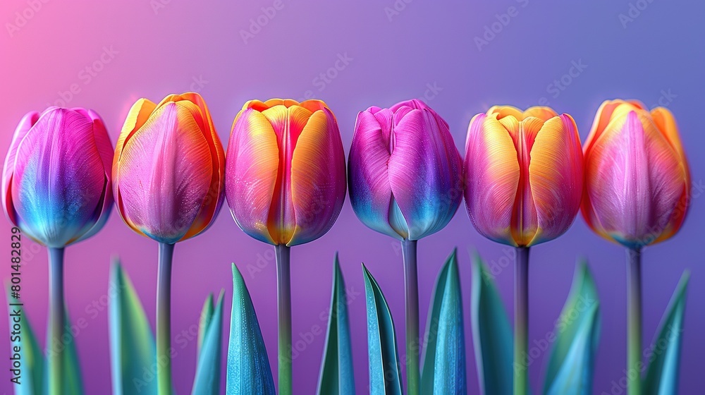 A line of rainbow-colored tulips in front of a lavender and magenta ...