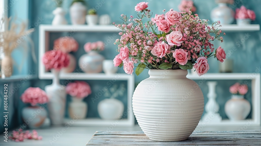 A white vase brimming with pink blooms perched atop a table adjacent to ...