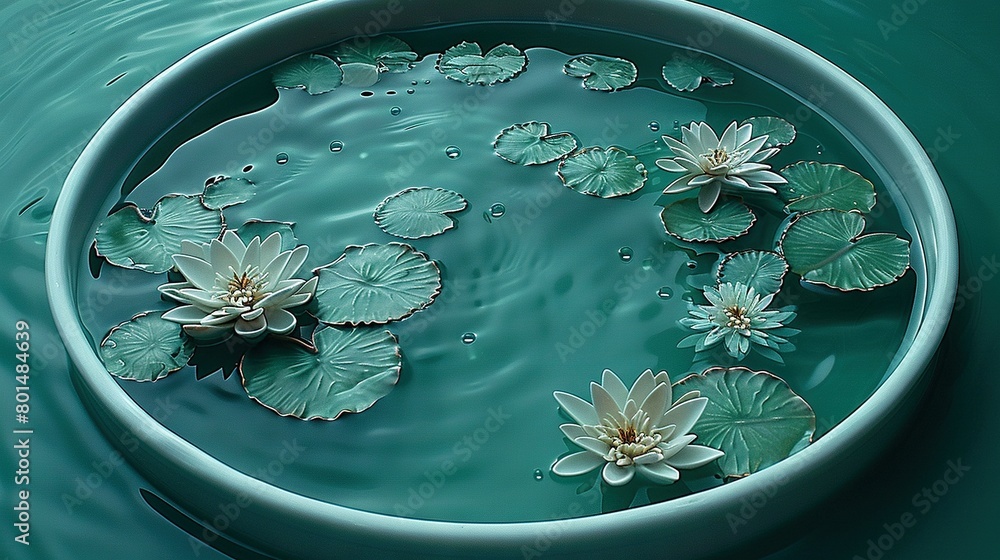 Water lilies float on top of a water body with lily pads at the bottom ...