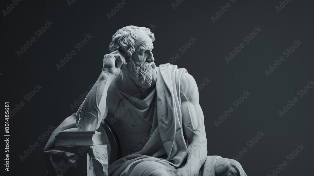 minimalist digital render of a stoic greek philosopher deep in thought ...