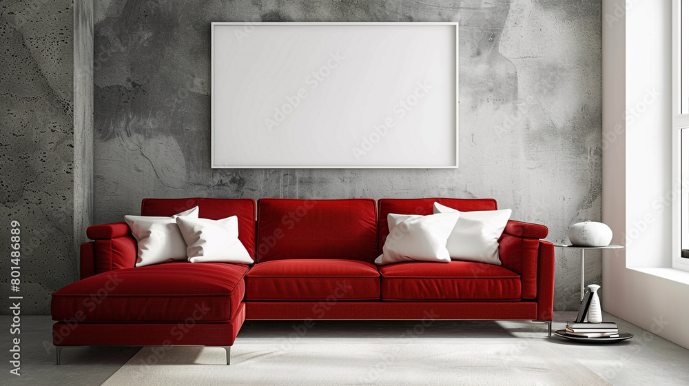 Bold and beautiful, a ruby red sofa takes center stage in this sleek ...