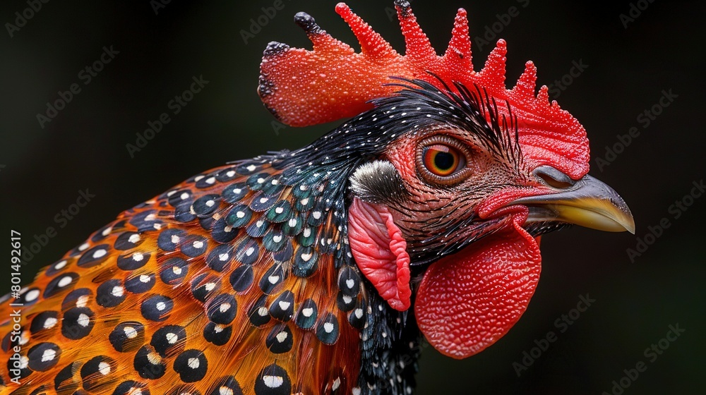 Close-up of rooster's head with black and white spots on feathers Stock ...