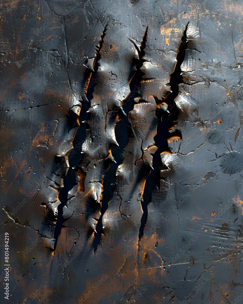 steel metal background, claw marks have slashed through the metal, deep ...