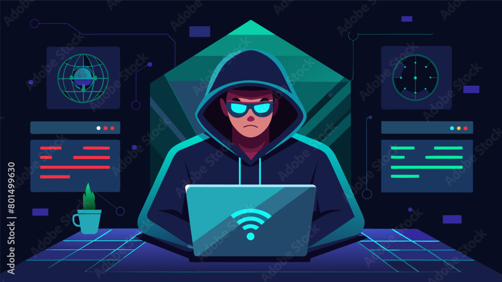 Vecteur Stock A hacker in a dark room using their quantum computing ...