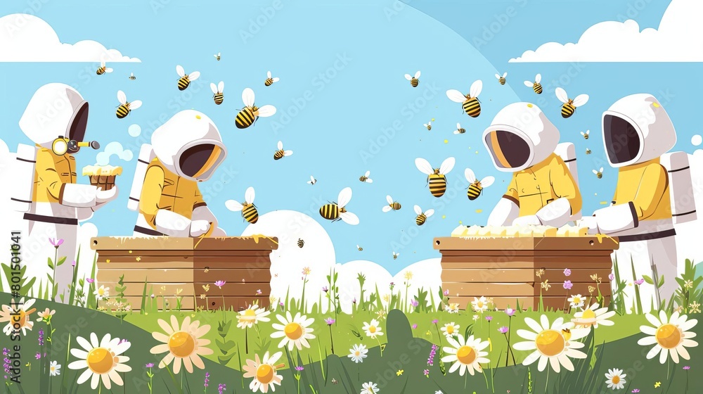 Busy bee farm with beekeepers in protective gear, hives amidst ...