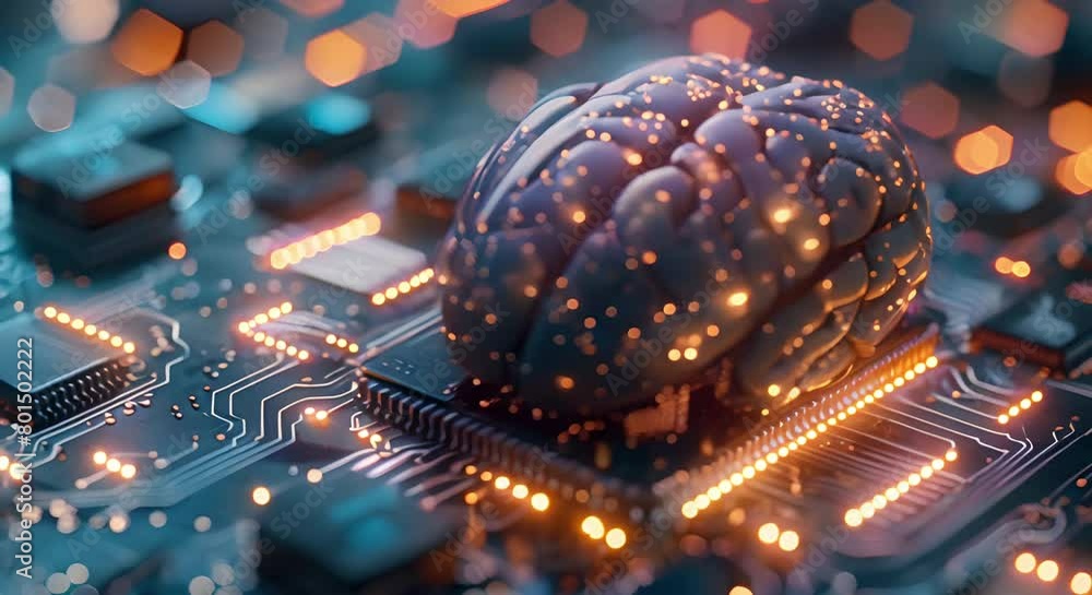 Digital human brain on glowing blue circuit board with neural chips ...