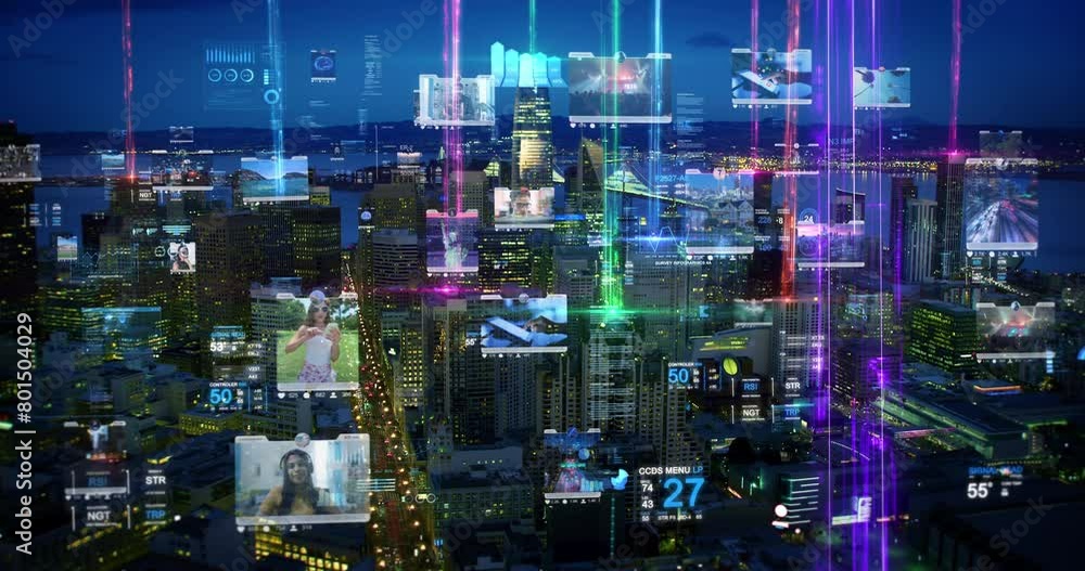 Aerial view of Downtown San Francisco Skyline with Holographic Lines ...