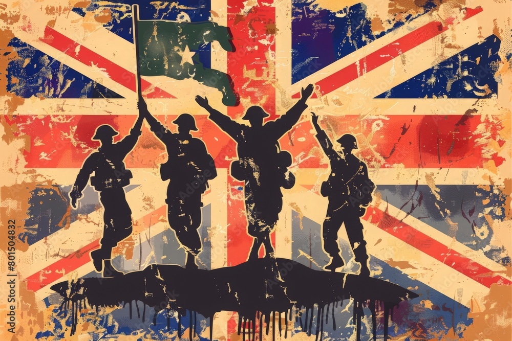 Grungy depiction of soldiers raising their arms in a symbolic gesture ...