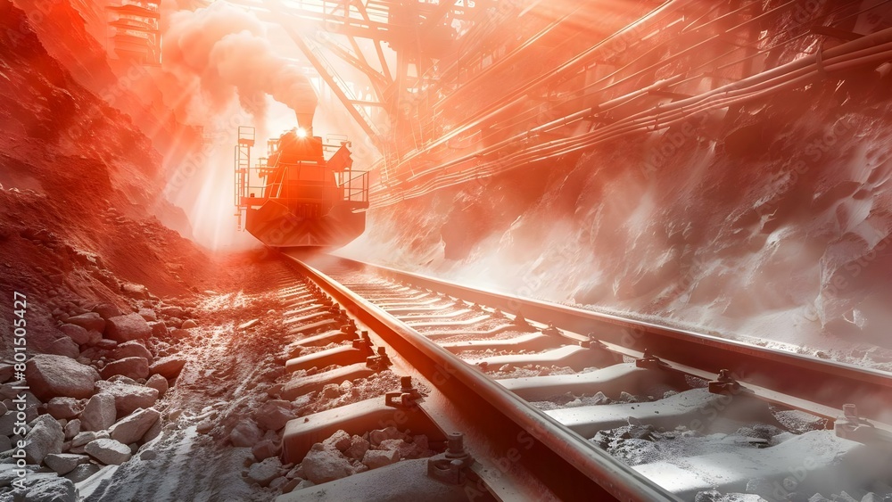Machinery in a dusty quarry transforms stones into railway track ...