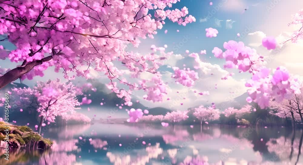 Spring background with sakura. Wide angle. Sparkling water river ...