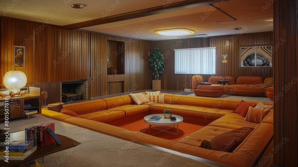 Cozy Retro 1970s Living Room with Sunken Conversation Pit and Wood ...