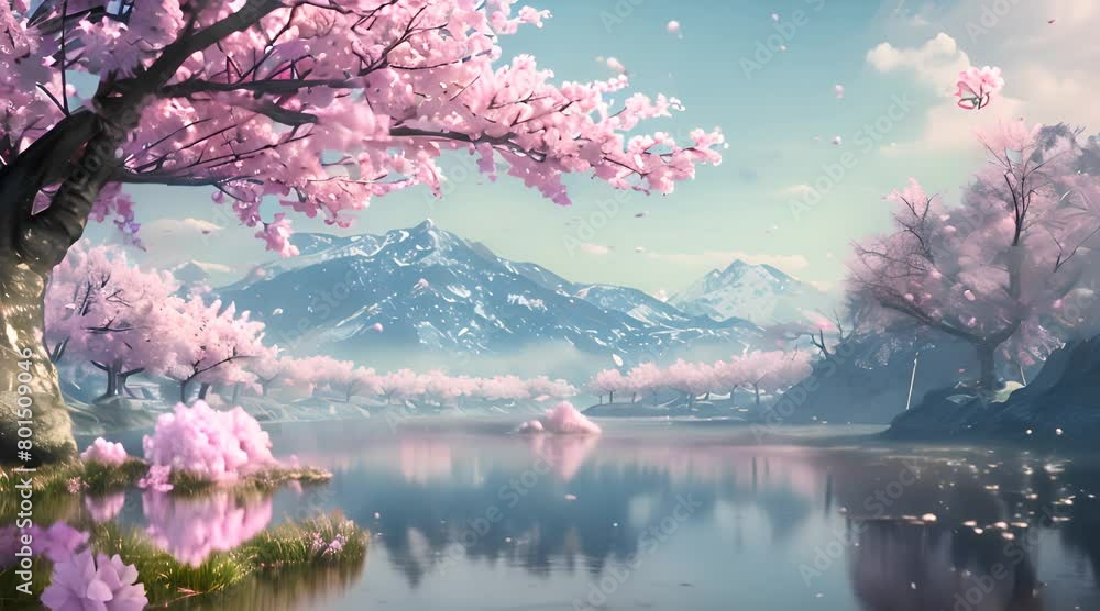 Spring background with sakura. Wide angle. Sparkling water river ...