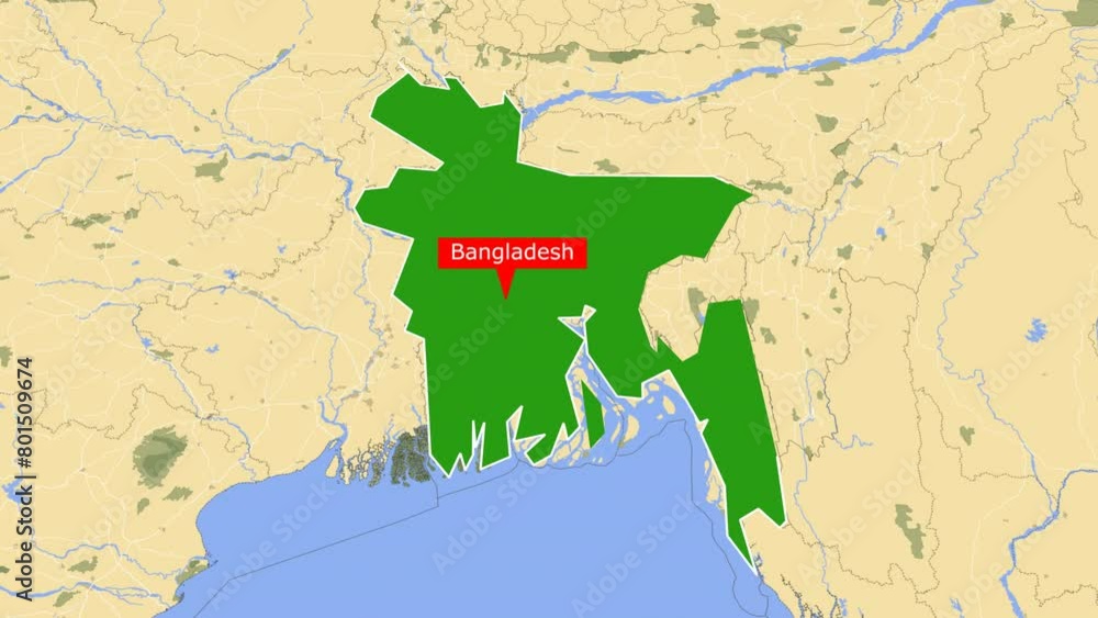 Animated Bangladesh map highlighted Green color zooming from top Space ...