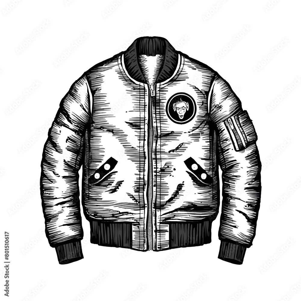 Bomber jacket ink sketch drawing, black and white, engraving style ...