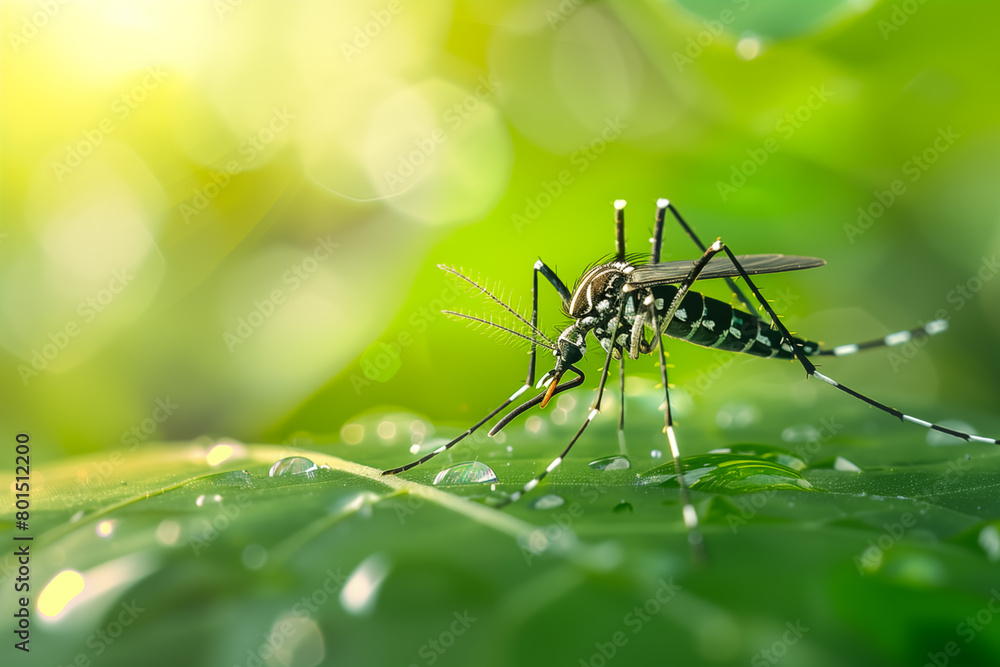 Photo of a dengue mosquitoe sitting on a leave with water drops and ...