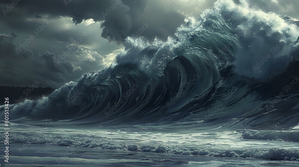 Giant tsunami waves, dark stormy sky. Perfect Storm. Huge waves Tsunami ...