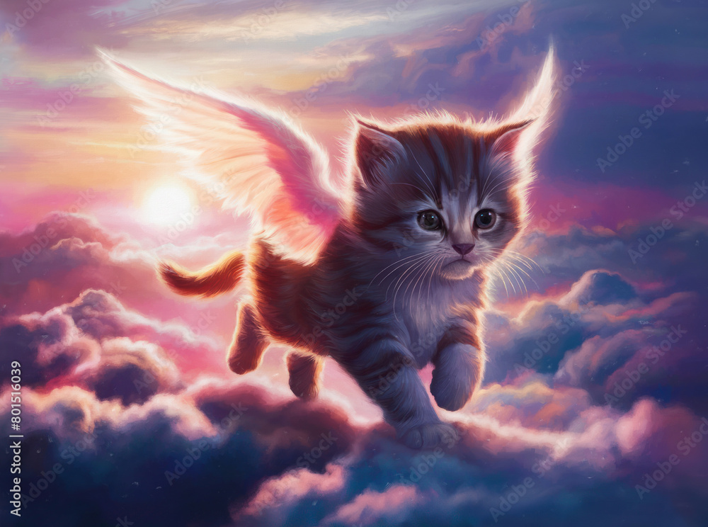 Cute kitten angel in animal heaven. Oil painting on canvas with texture ...