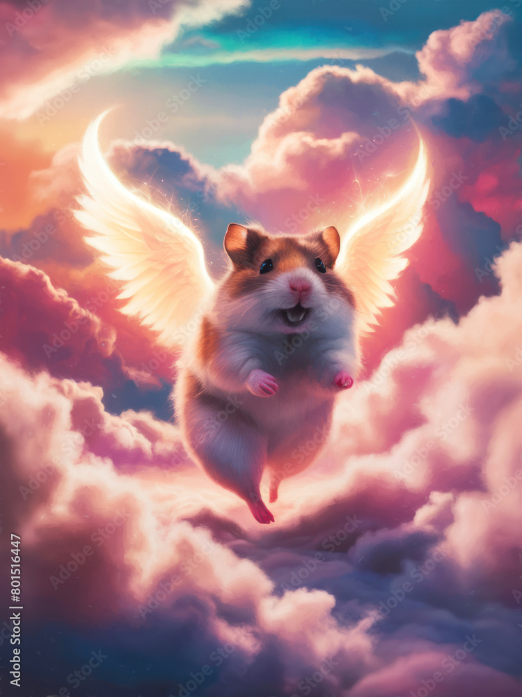 Cute hamster angel in animal heaven. Oil painting on canvas with ...