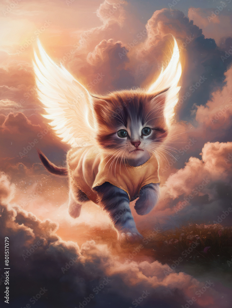 Cute kitten angel in animal heaven. Oil painting on canvas with texture ...