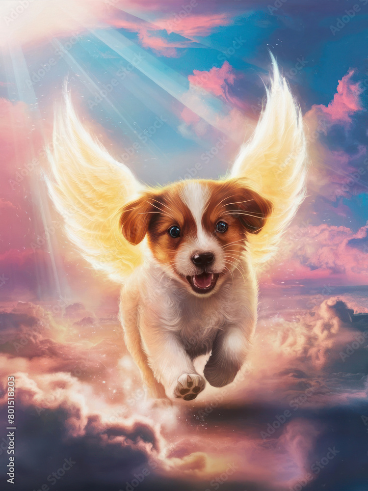 Cute puppy angel in animal heaven. Oil painting on canvas with texture ...