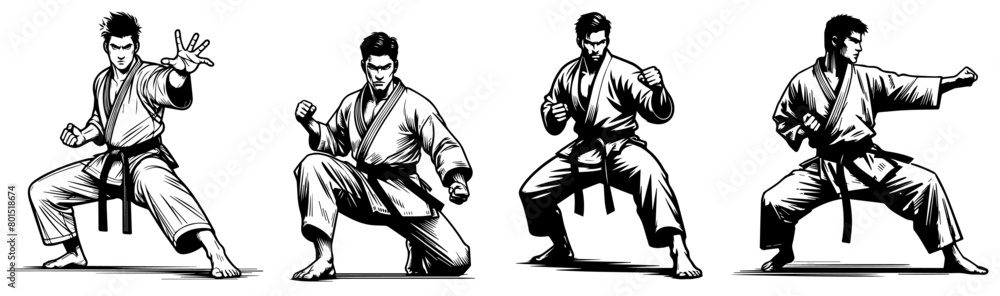 karate fighter, different body positions during fighting, vector ...
