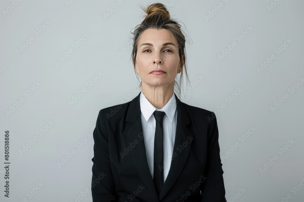 Portrait shot of middle aged businesswomen wearing suit and tie while ...