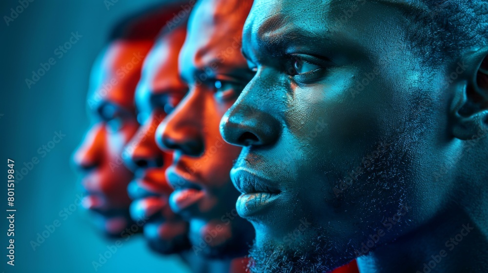 Dynamic profile view of four focused athletes in blue and red lighting ...