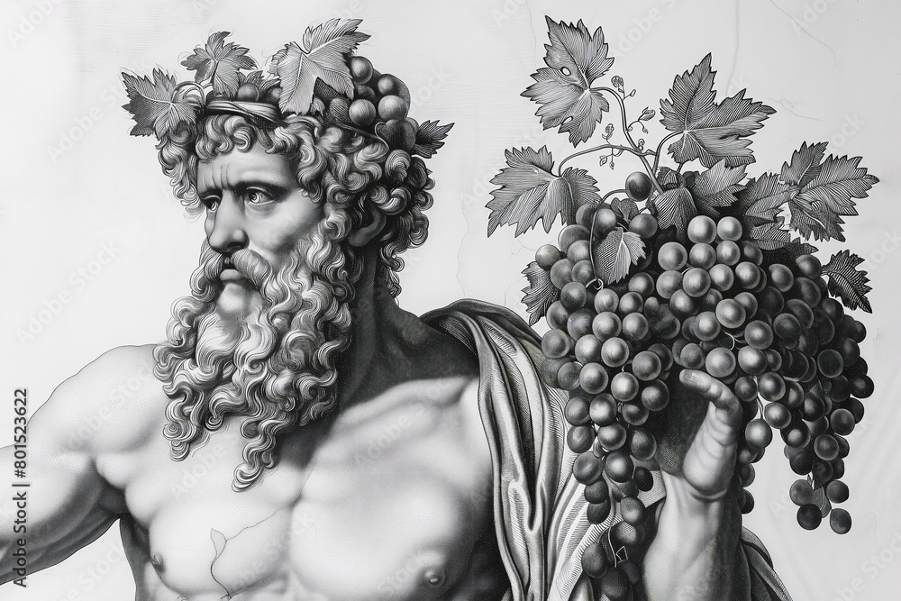 Engraved portrait of Bacchus the Roman god of wine who's father was ...