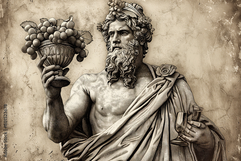 Engraved portrait of Bacchus the Roman god of wine who's father was ...