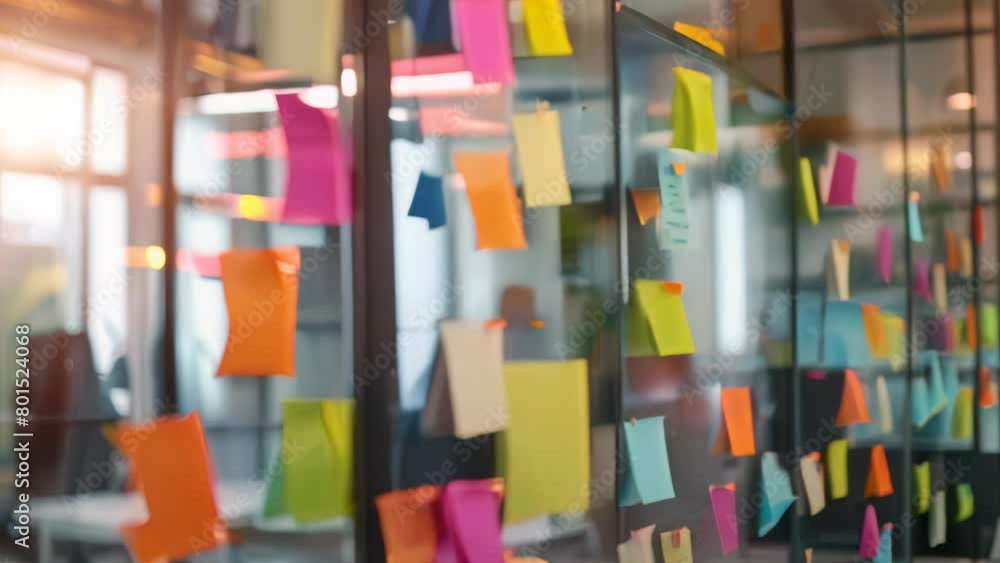 Post-it notes in various colors stuck on a transparent glass wall in an ...