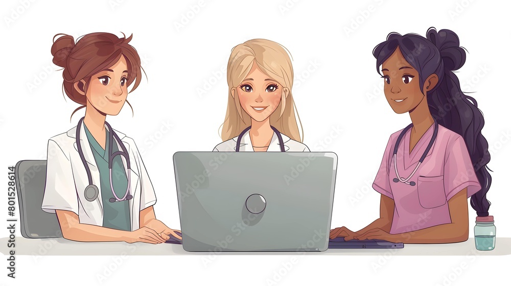 Female doctor and nurse working on computer isolated on white ...