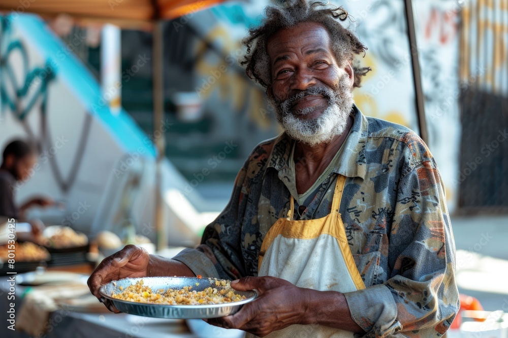 Happy black american volunteer serving the homeless in the social ...