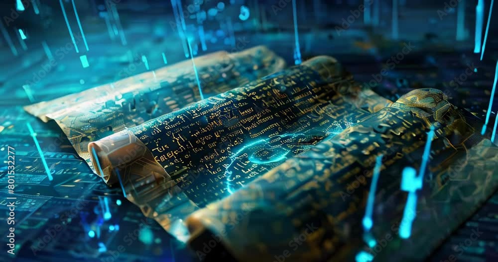 Fusion of ancient wisdom and digital tech with a glowing manuscript on ...
