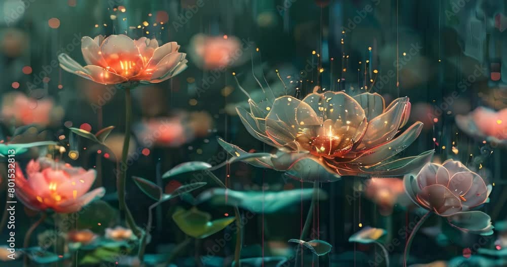Enchanting field of digital flowers with radiant cores and floating ...