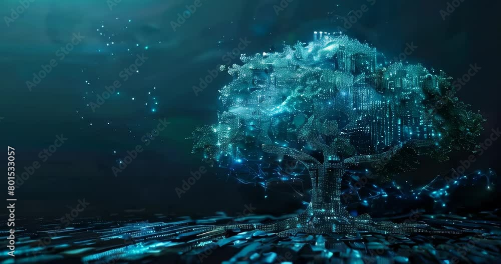 Stunning digital tree composed of glowing particles on a dark backdrop ...
