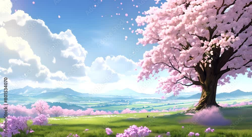 Spring background with sakura. Wide angle. Sparkling water river ...