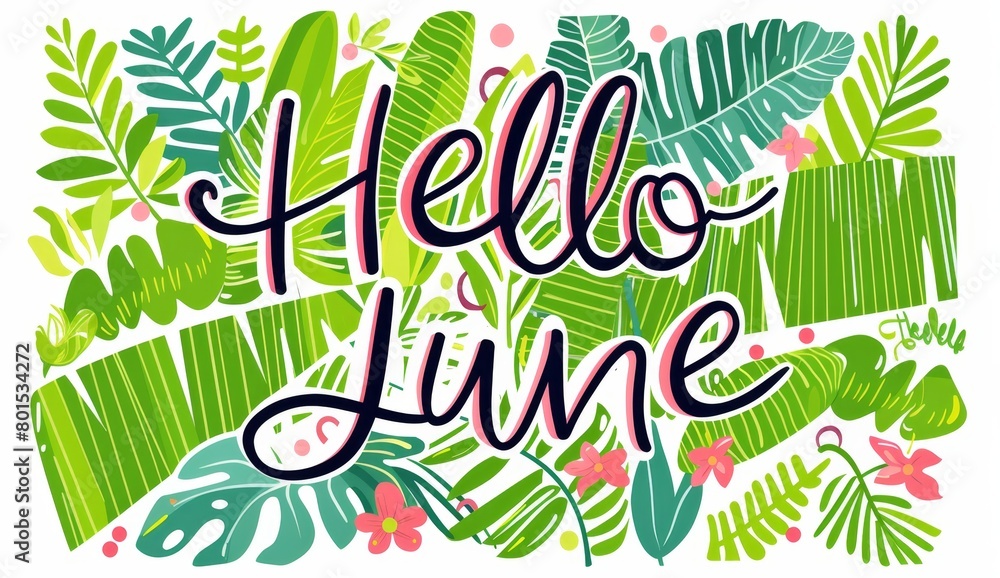 "Hello June", cute text with a tropical summer theme in the style of ...