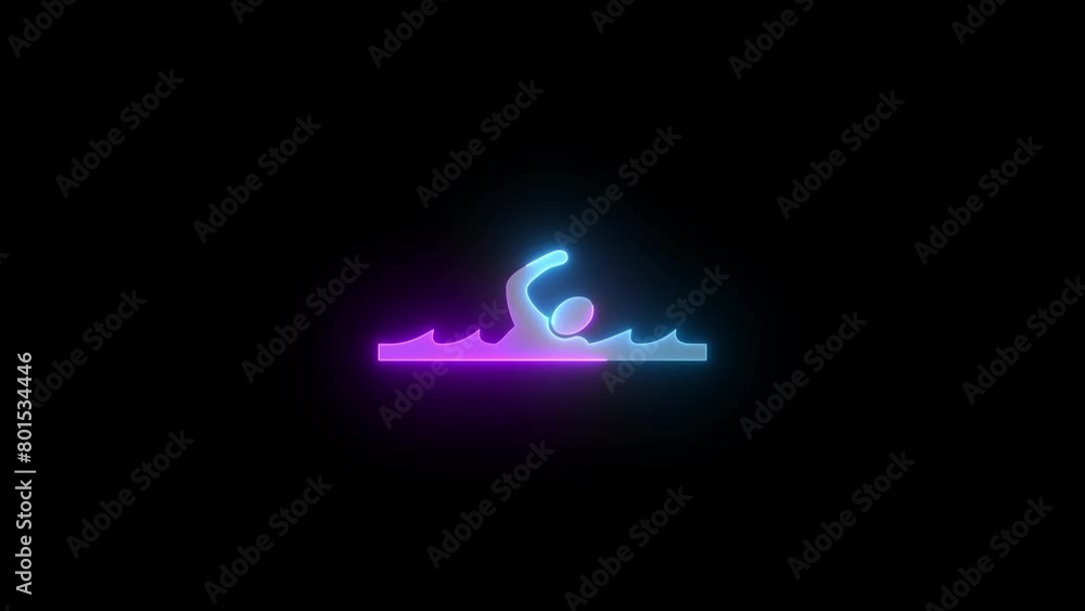 Neon swimming people icon cyan purple color glowing animated black ...