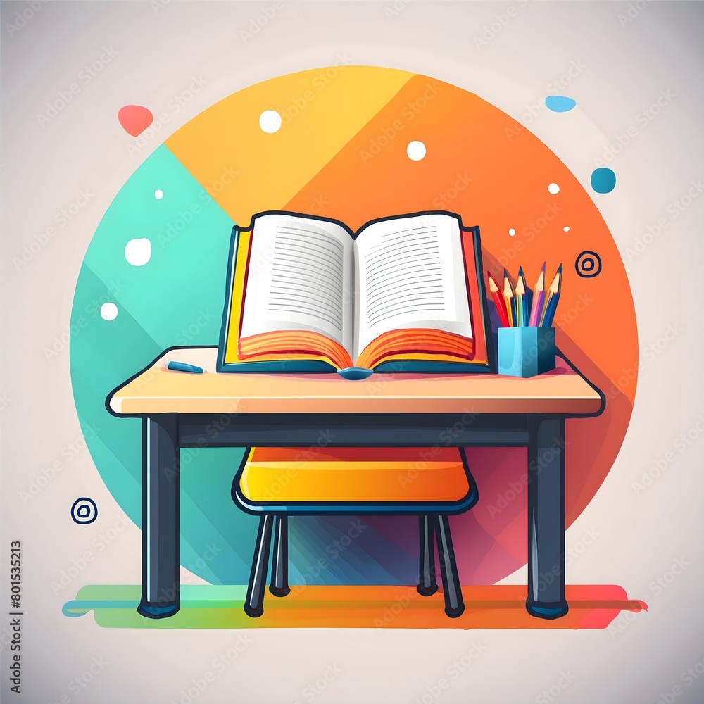 un icono de un pupitre escolar con un libro abierto y un lápiz Stock ...