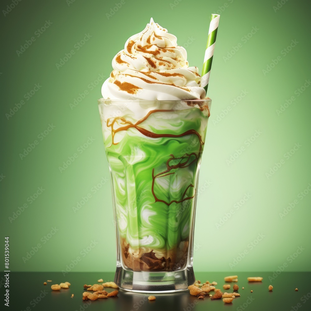 Delicious green and white layered milkshake with whipped cream and ...