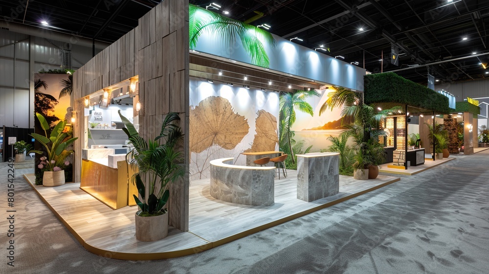 A modern trade show booth with tropical design elements featuring palm ...