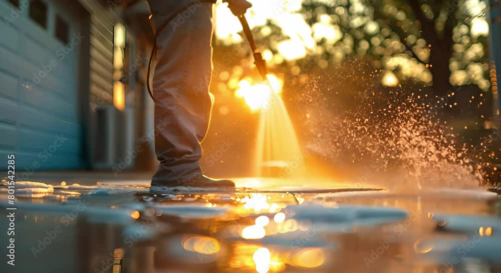 Man power washing concrete driveway with electric pressure washer in ...