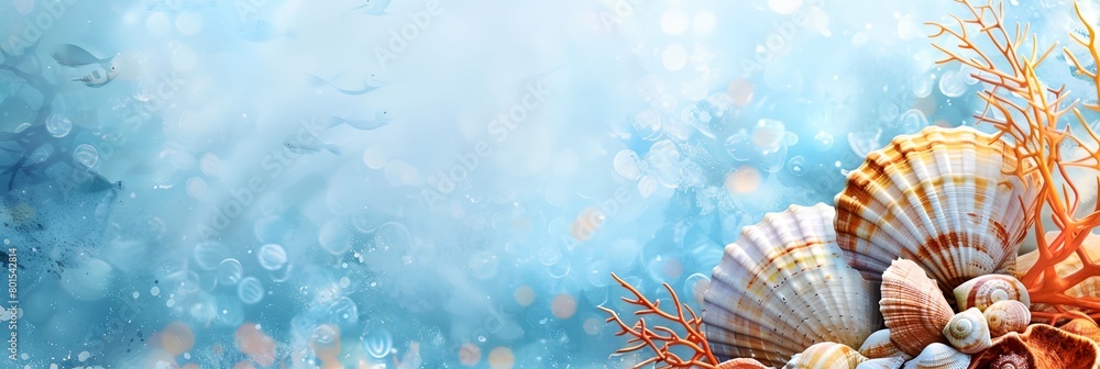 watercolor painting of a sea shell and corals on a blue background with ...