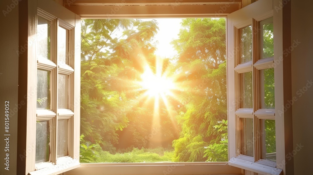 The sun brightly shines through the window, revealing a lush, green ...