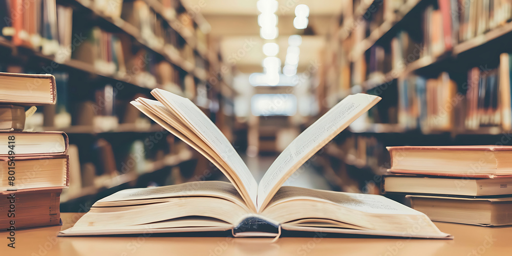 An open book is placed on the table, with several books stacked behind ...