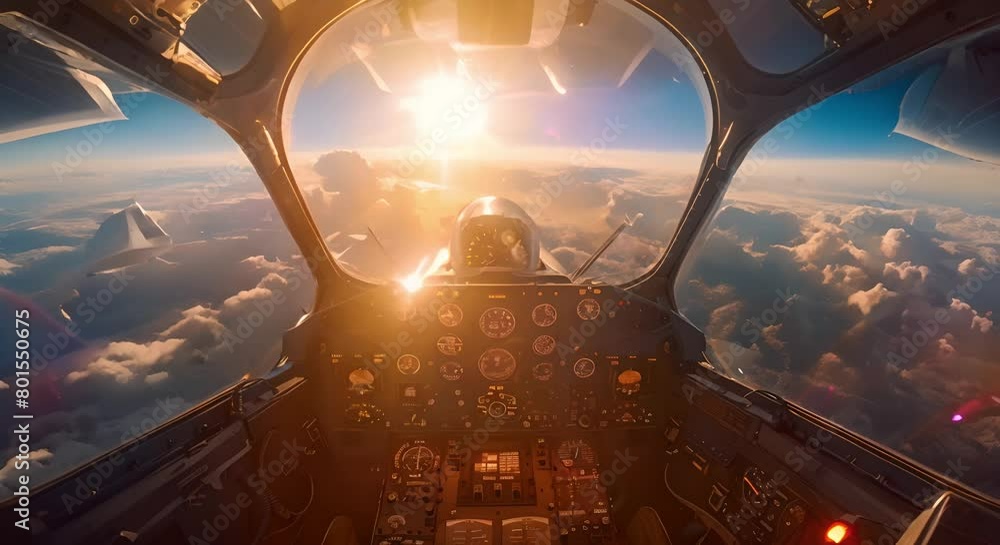Inside a fighter jet cockpit during intense aerial combat in war ...